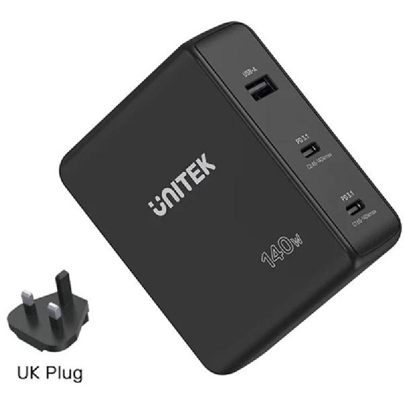 Unitek 140W GaN Wall Charger, 140 Watts, 3 USB (2X USB-C/1X USB), Black