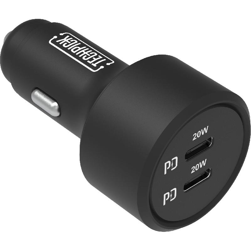 Techpick Car Charger, Fast Battery Charging, 40 Watts, Dual USB-C, Black