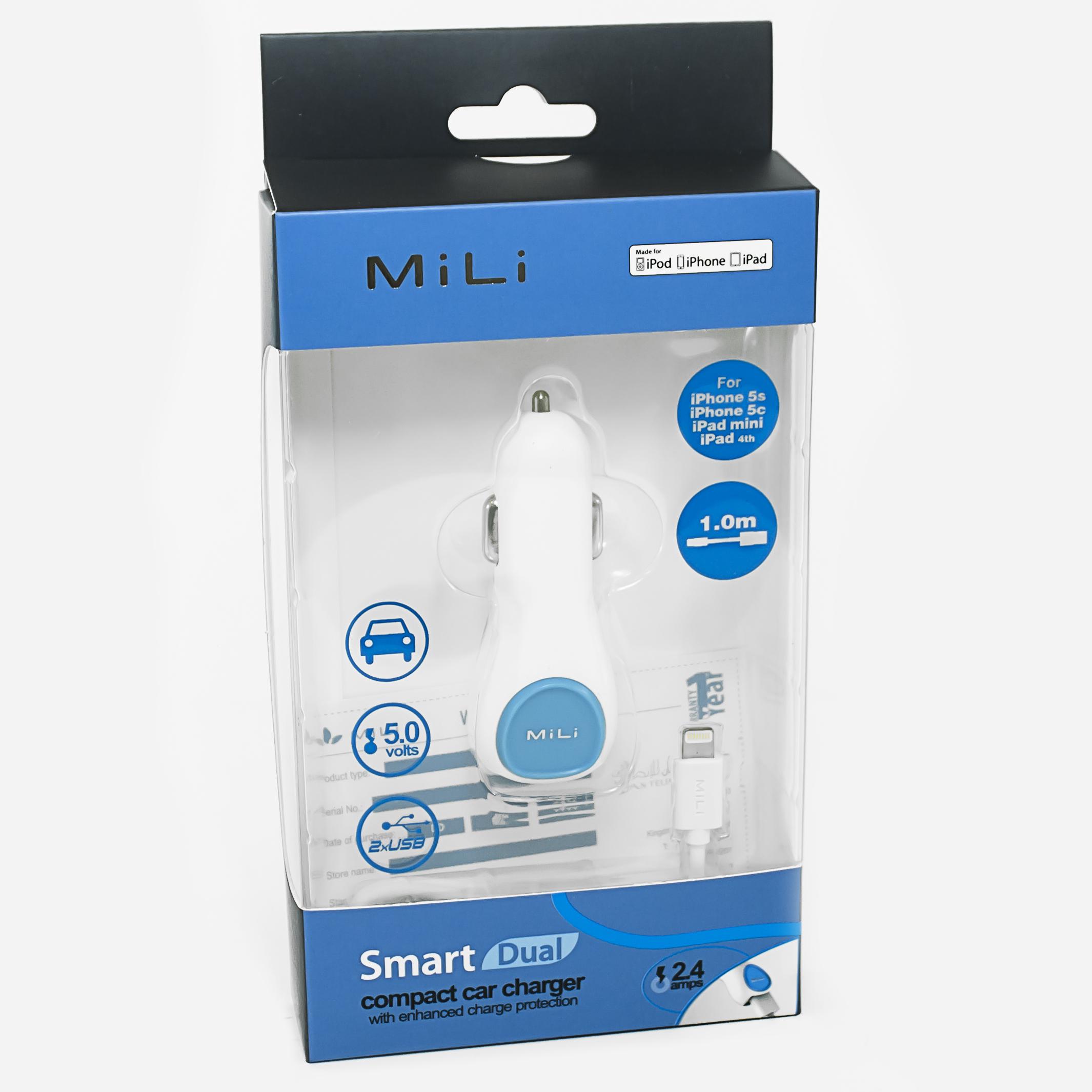 MiLi Smart Dual HC-C10L Compact Car Charger, 5 Volts, Dual USB, White