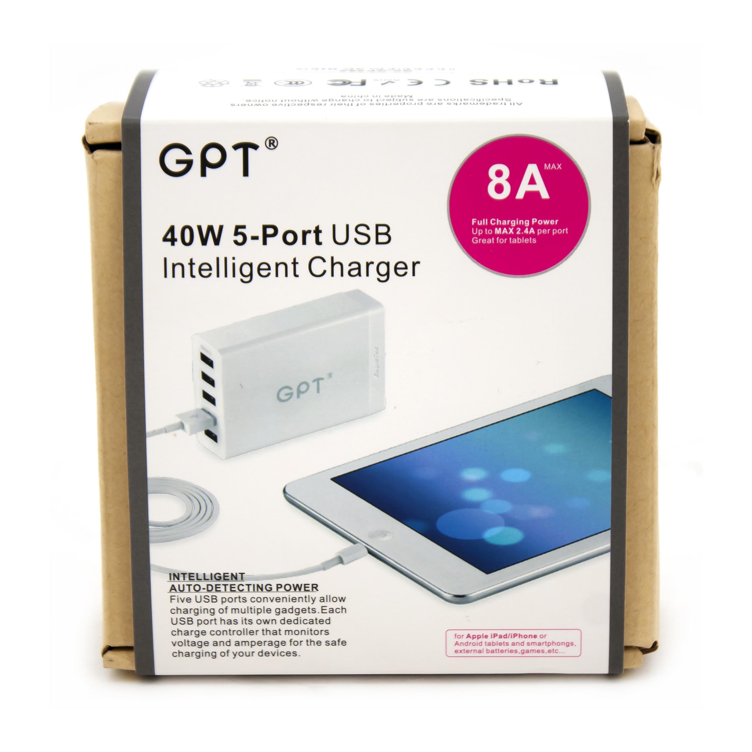 Gopod GPT USB Intelligent Charger, 40 Watts, 5 USB, White