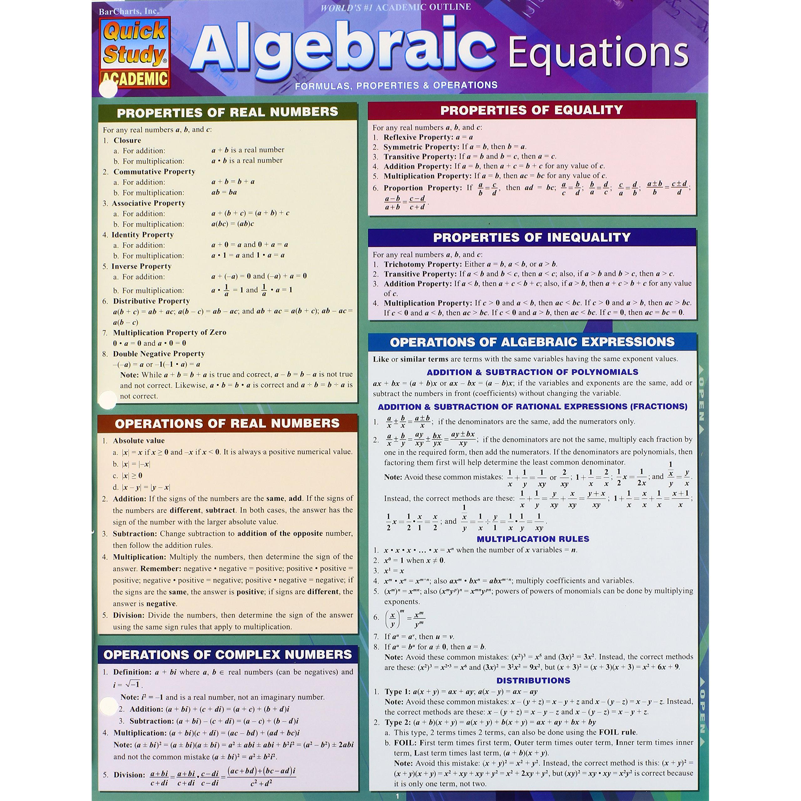 Algebraic Equations Quick Study Reference Guide Staffs of BarCharts ...