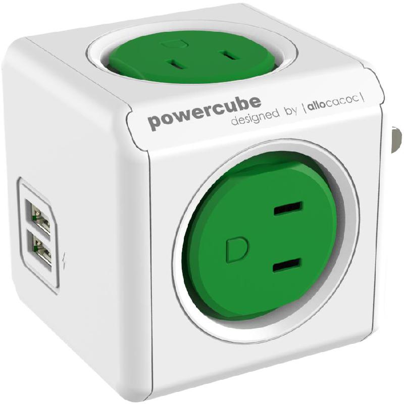 PowerCube Wall Charger, 4 Outlet/Dual USB, Green