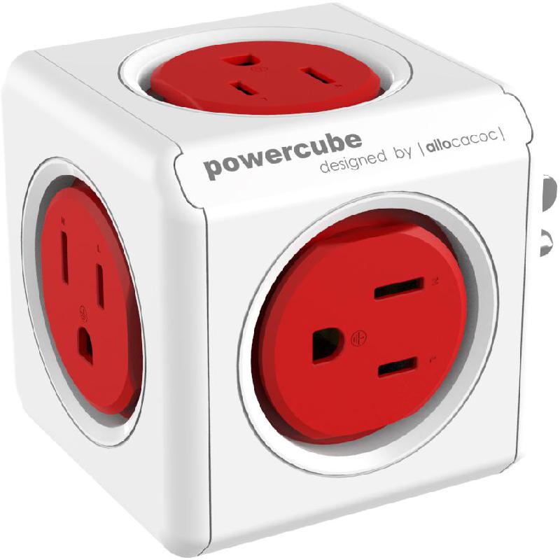 PowerCube Wall Charger, 4 Outlet/Dual USB, Red
