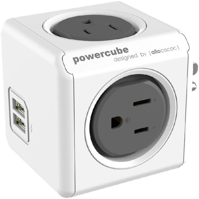 PowerCube Wall Charger, 4 Outlet/Dual USB, Grey